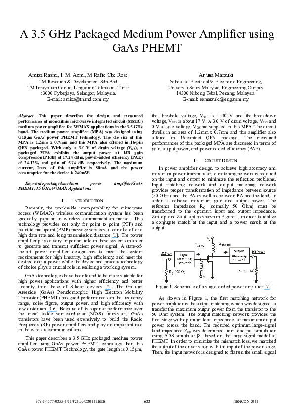 (PDF) A 3.5 GHz packaged medium power amplifier using GaAs PHEMT