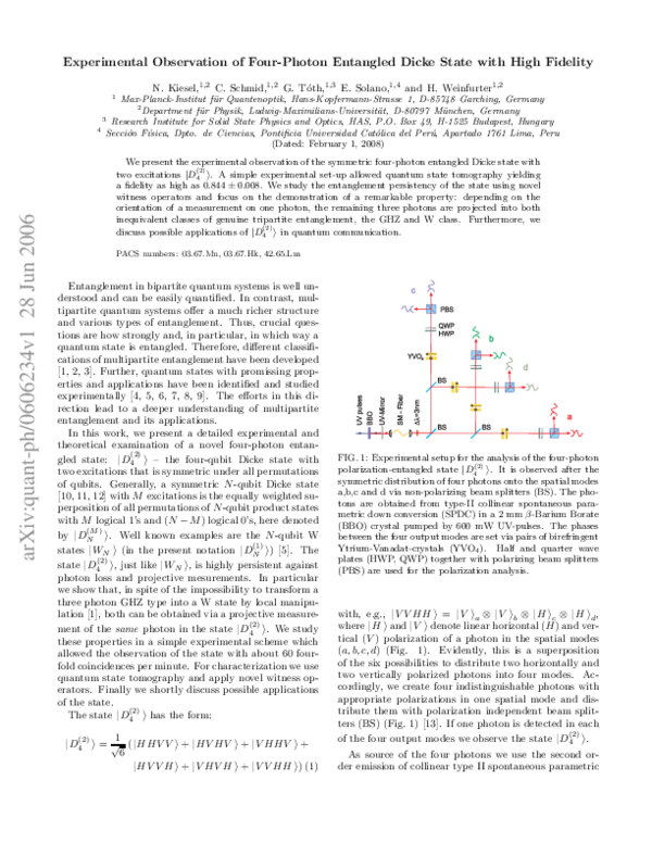 Pdf Experimental Observation Of Four Photon Entanglement From