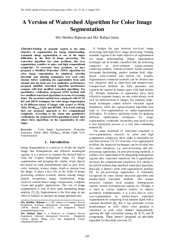 Pdf A Version Of Watershed Algorithm For Color Image Segmentation