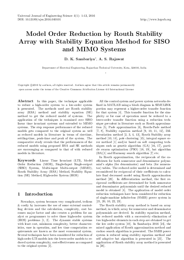 (PDF) Model Order Reduction by Routh Stability Array with Stability Equation Method for SISO and ...