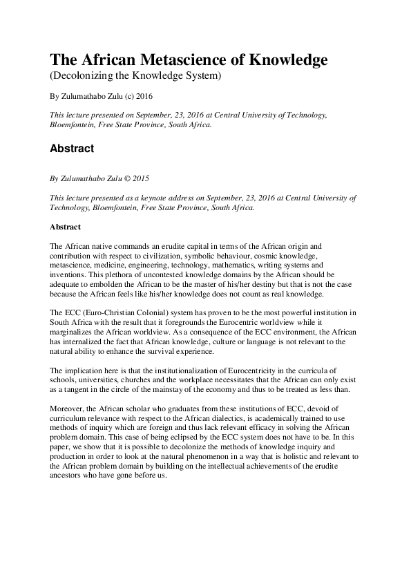 The African Metascience of Knowledge: Decolonizing the Knowledge System