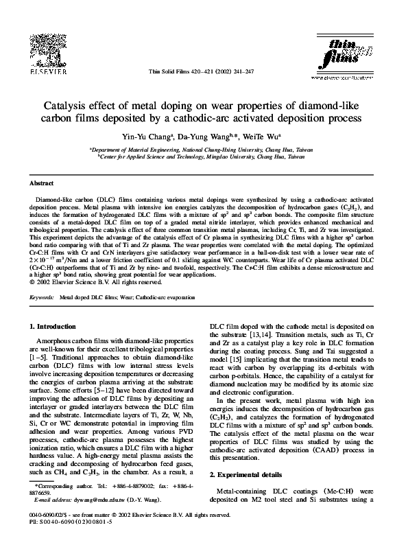 (PDF) Catalysis effect of metal doping on wear properties of diamond-like carbon films deposited ...
