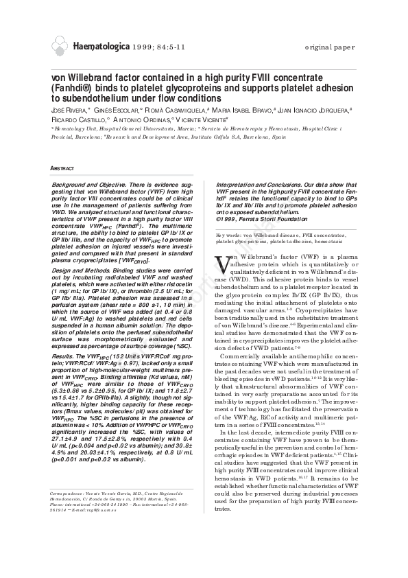 (PDF) von Willebrand factor contained in a high purity FVIII ...