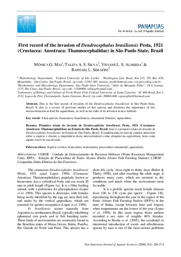 (PDF) First record of the invasion of Dendrocephalus brasiliensis Pesta ...