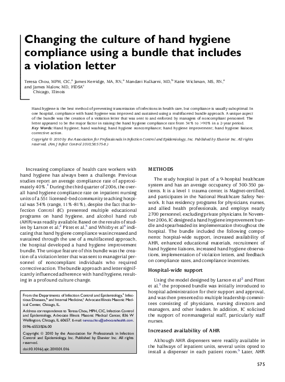 (PDF) Changing the culture of hand hygiene compliance using a bundle ...