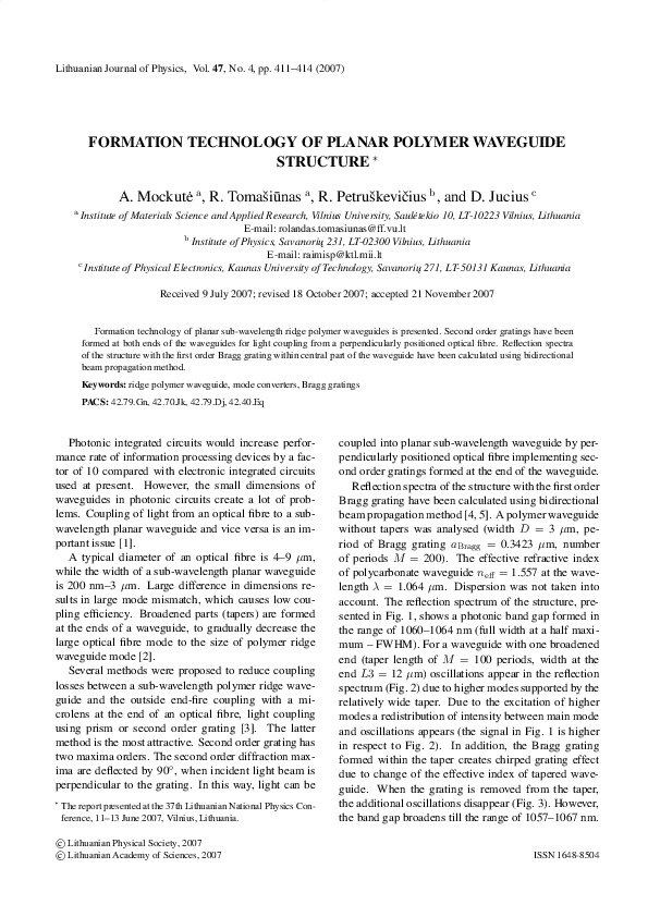 (PDF) Formation Technology of Planar Polymer Waveguide Structure