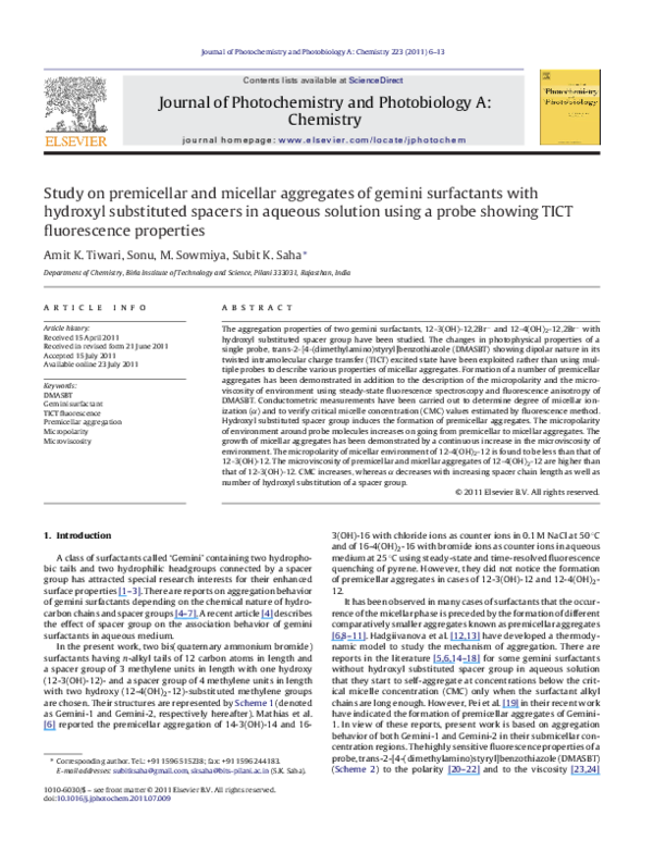 (PDF) Study on premicellar and micellar aggregates of gemini ...