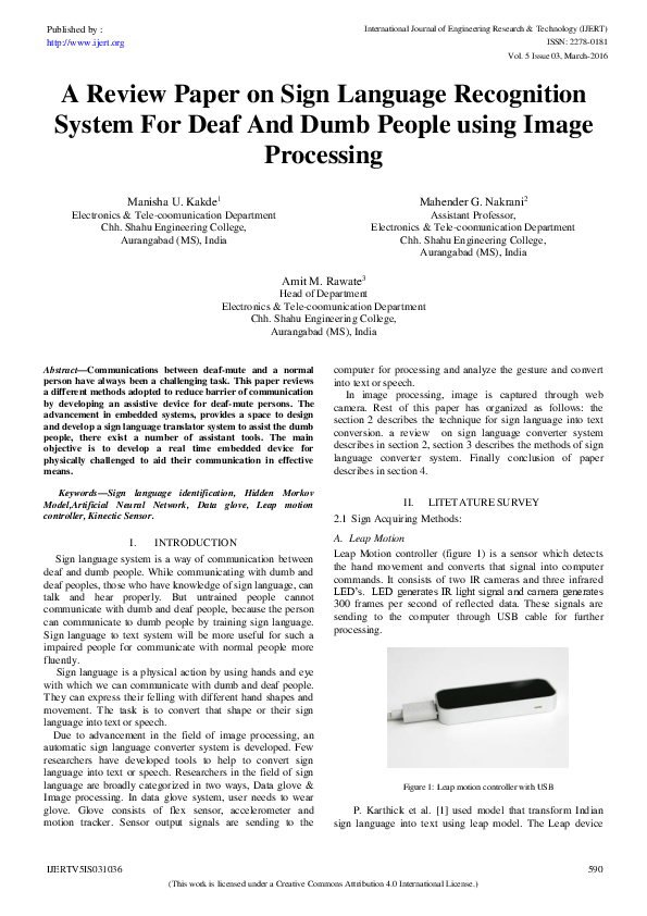 (PDF) A Review Paper on Sign Language Recognition System For Deaf And ...