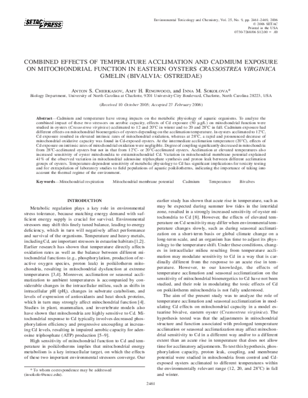 (PDF) COMBINED EFFECTS OF TEMPERATURE ACCLIMATION AND CADMIUM EXPOSURE ON MITOCHONDRIAL FUNCTION ...