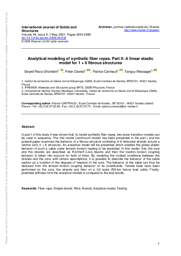 (PDF) Analytical modeling of synthetic fiber ropes. Part II: A linear elastic model for 1 + 6 ...