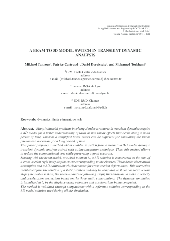 (PDF) A beam to 3D model switch for transient dynamic analysis