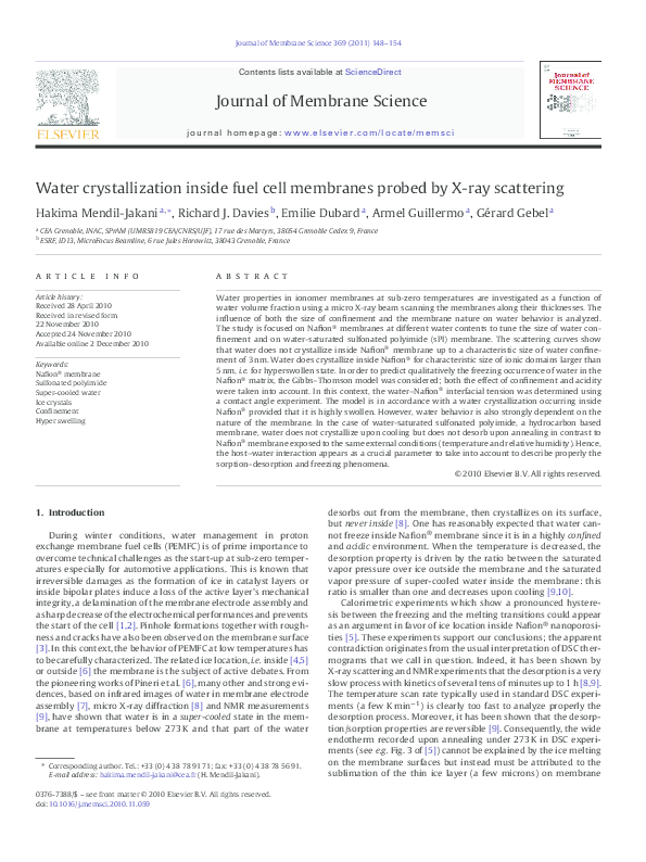 (PDF) Water crystallization inside fuel cell membranes probed by X-ray ...