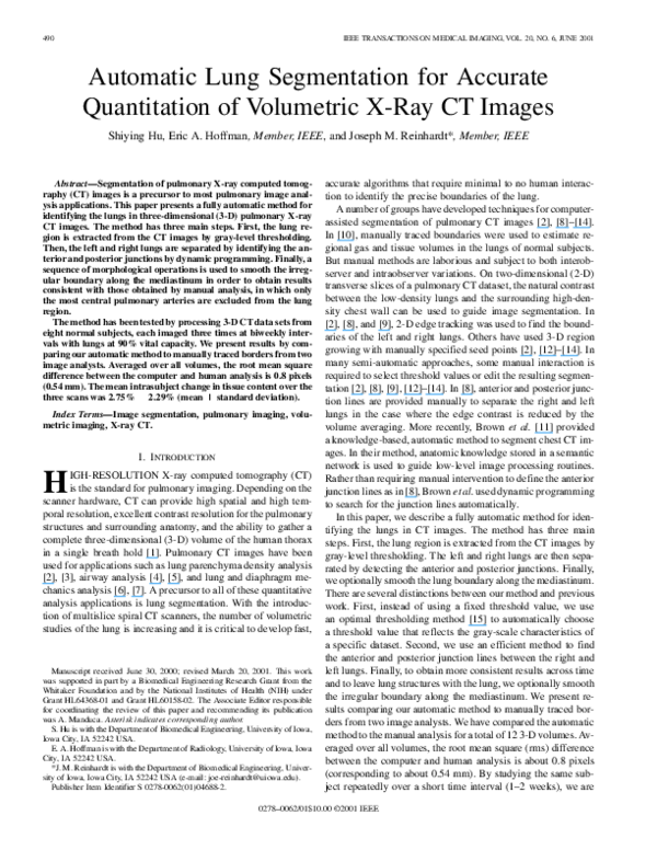 (PDF) Automatic Lung Segmentation for Accurate Quantitation of Volumetric X-ray CT Images