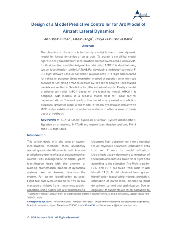 Design Of A Model Predictive Controller For Arx Model Of Aircraft