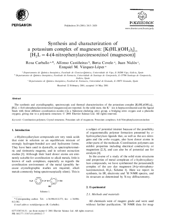 (PDF) Synthesis and characterization of a potassium complex of magneson ...