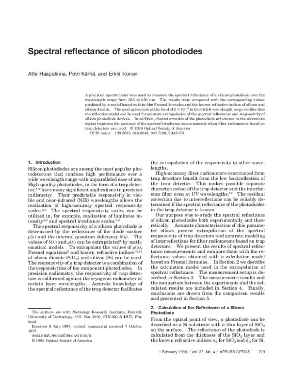 (PDF) Spectral Reflectance of Silicon Photodiodes