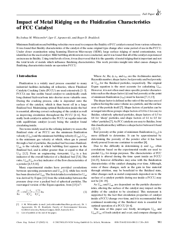 (PDF) Impact of Metal Ridging on the Fluidization Characteristics of FCC Catalyst