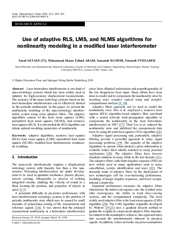 Pdf Use Of Adaptive Rls Lms And Nlms Algorithms For Nonlinearity Modeling In A Modified
