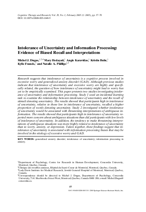 (PDF) Intolerance of Uncertainty and Information Processing: Evidence ...