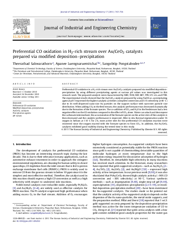 (PDF) Preferential CO oxidation in H 2-rich stream over Au/CeO 2 ...