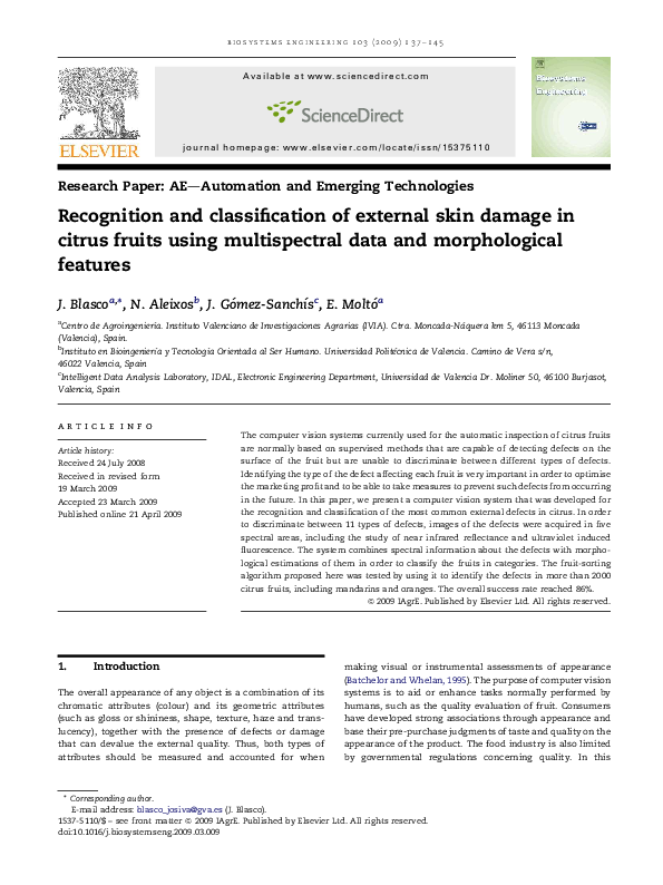 (PDF) Recognition and classification of external skin damage in citrus ...