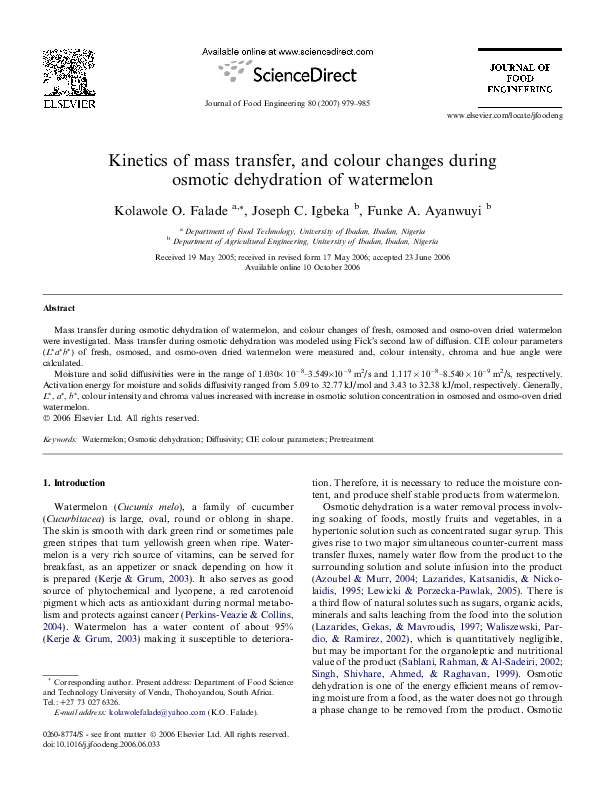 (PDF) Kinetics of mass transfer, and colour changes during osmotic dehydration of watermelon