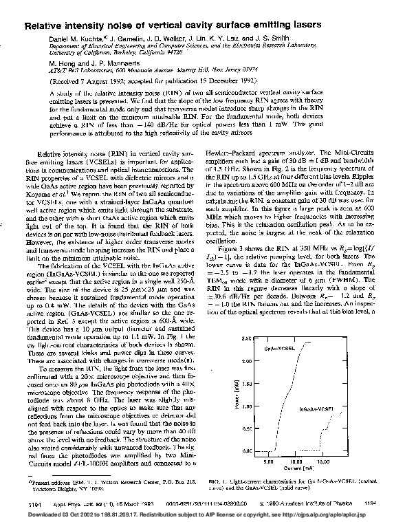 (PDF) Relative intensity noise of vertical cavity surface emitting lasers
