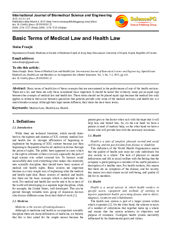 Basic Terms of Medical Law and Health Law