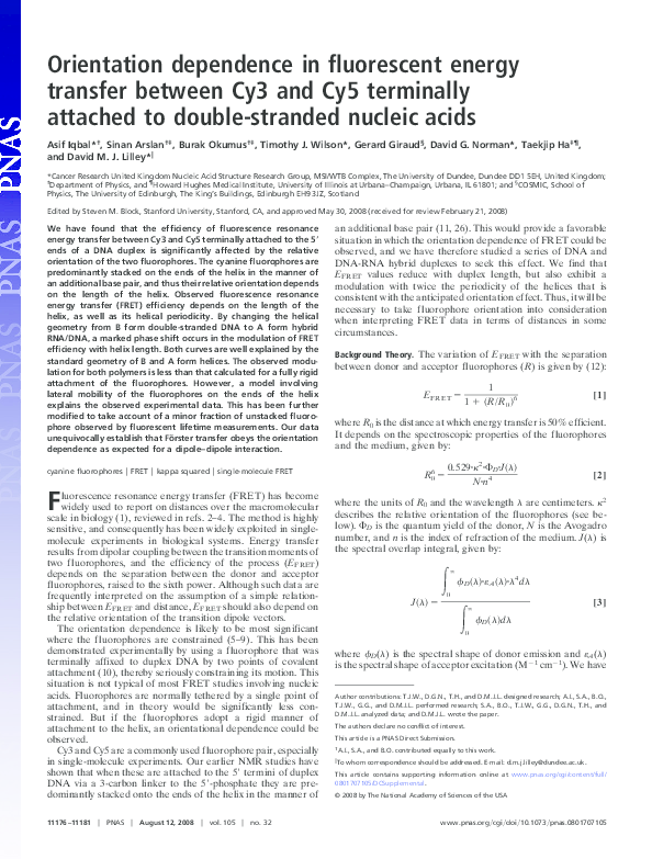 (PDF) Orientation dependence in fluorescent energy transfer between Cy3 and Cy5 terminally ...
