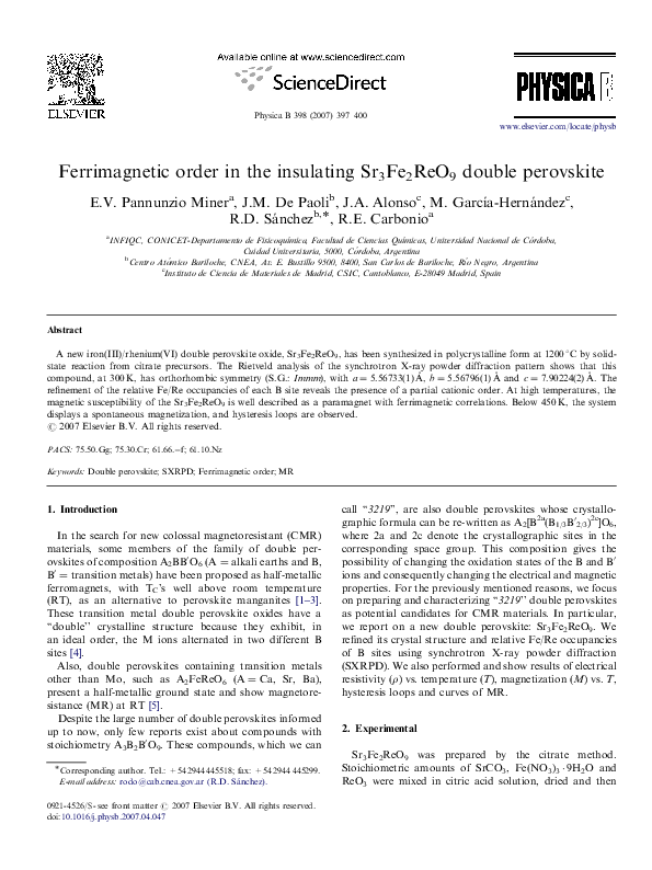 (PDF) Ferrimagnetic order in the insulating Sr3Fe2ReO9 double perovskite