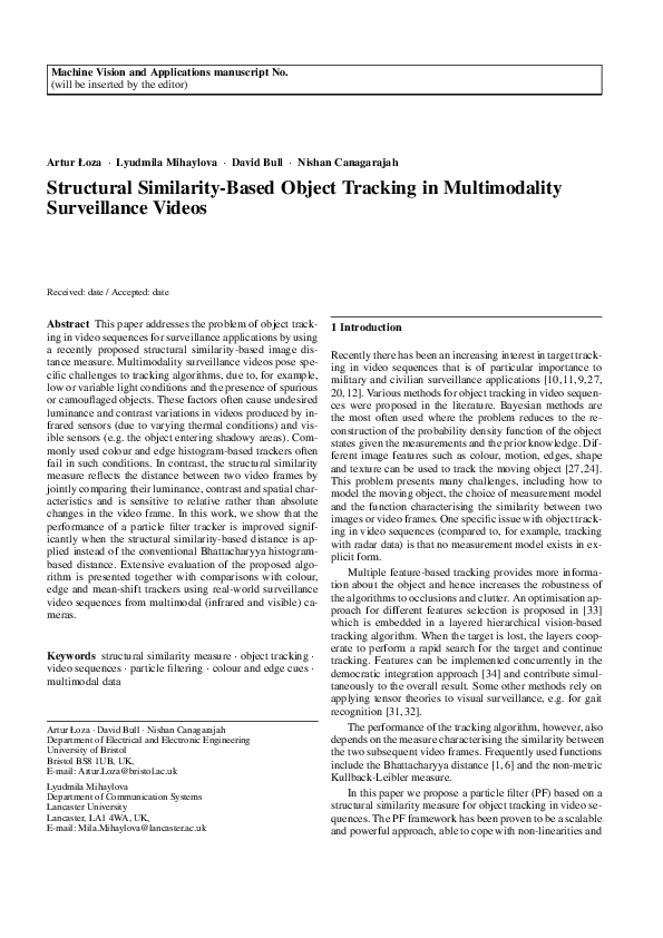 (PDF) Structural similarity-based object tracking in multimodality surveillance videos