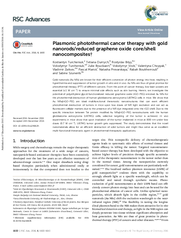 (PDF) Plasmonic photothermal cancer therapy with gold nanorods/reduced graphene oxide core/shell ...