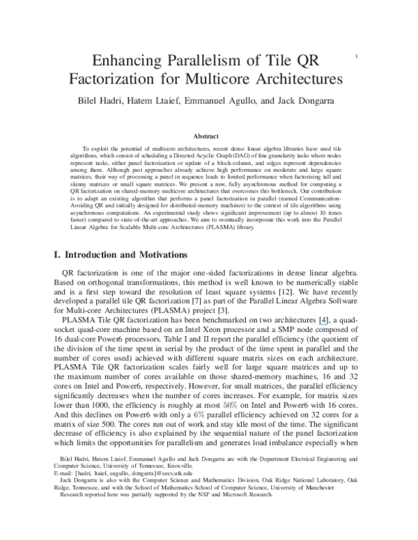 Pdf Enhancing Parallelism Of Tile Qr Factorization For Multicore Architectures