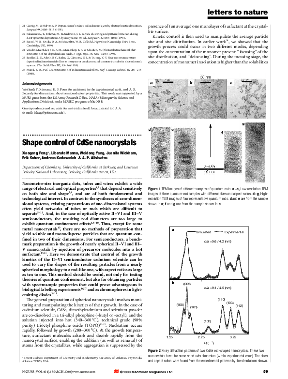 (PDF) Shape control of CdSe nanocrystals