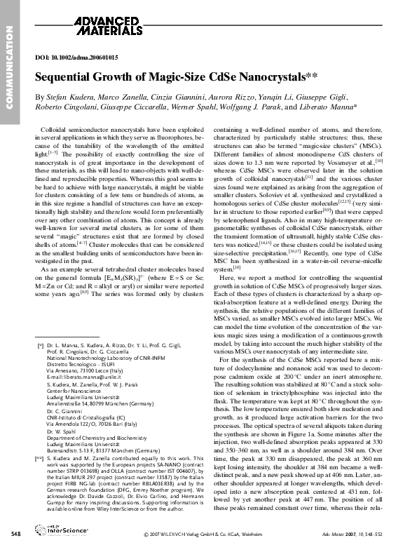 (PDF) Sequential Growth of Magic-Size CdSe Nanocrystals