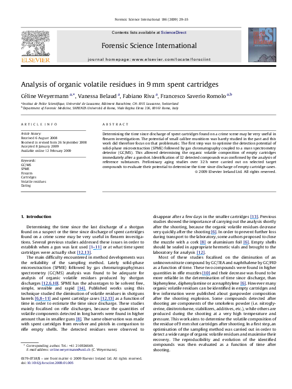 (PDF) Analysis of organic volatile residues in 9 mm spent cartridges
