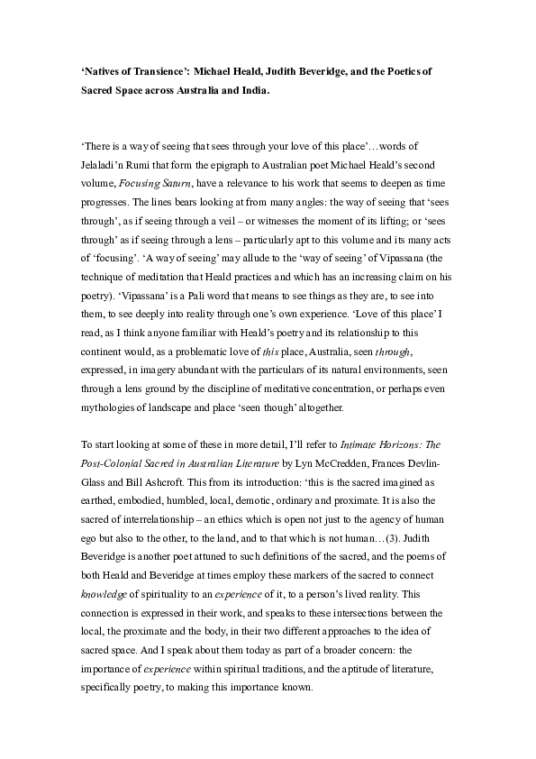 (DOC) ‘Natives of Transience’: Michael Heald, Judith Beveridge, and the ...