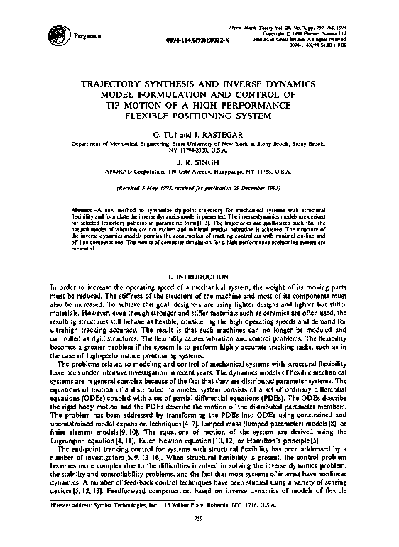 Pdf Trajectory Synthesis And Inverse Dynamics Model Formulation And Control Of Tip Motion Of A
