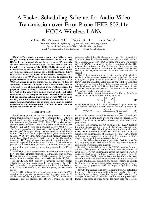 (PDF) A Packet Scheduling Scheme for Audio-Video Transmission with IEEE 802.11e HCCA and its ...