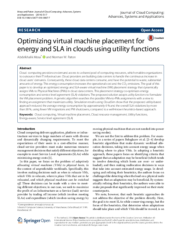 (PDF) Optimizing virtual machine placement for energy and SLA in clouds using utility functions