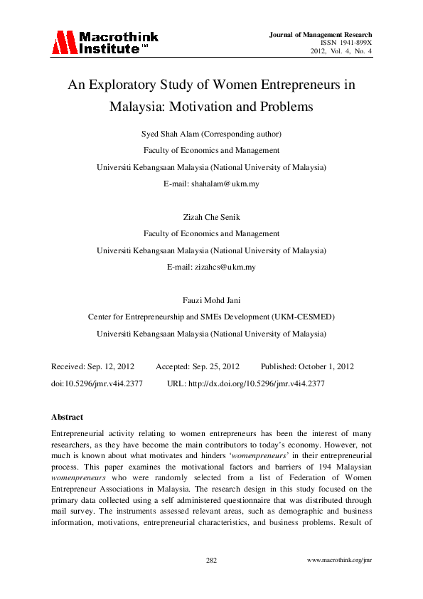 (PDF) An Exploratory Study of Women Entrepreneurs in Malaysia ...