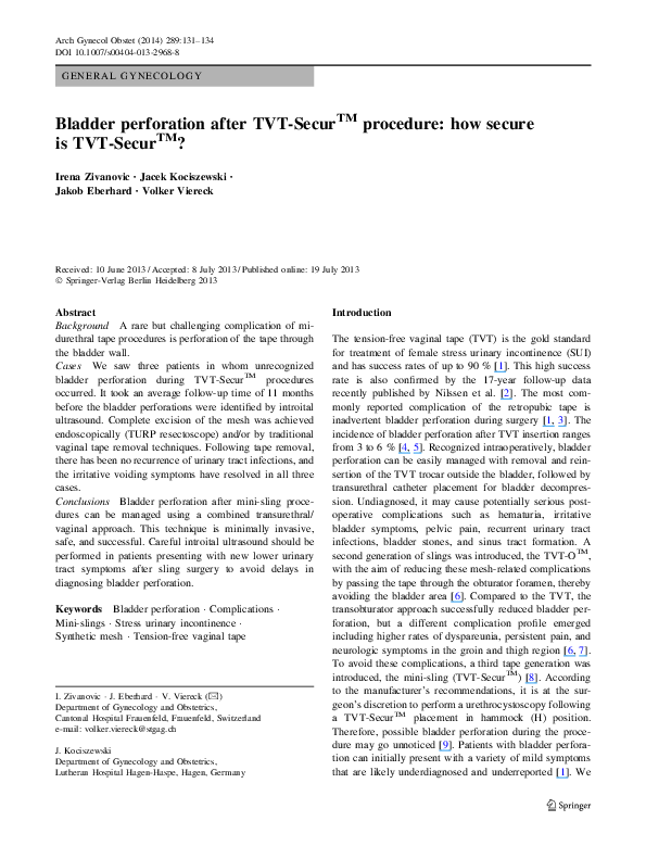 (PDF) Bladder perforation after TVT-Secur™ procedure: how secure is TVT ...