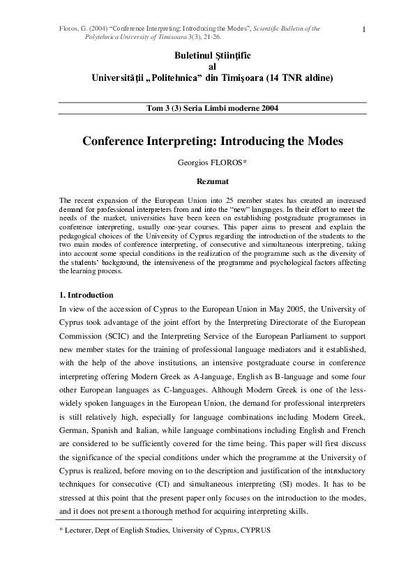 (PDF) Conference Interpreting: Introducing the Modes