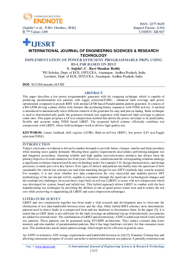 (PDF) IMPLEMENTATION OF POWER EFFICIENT PROGRAMMABLE PRPG USING BS-LFSR BASED ON BIST