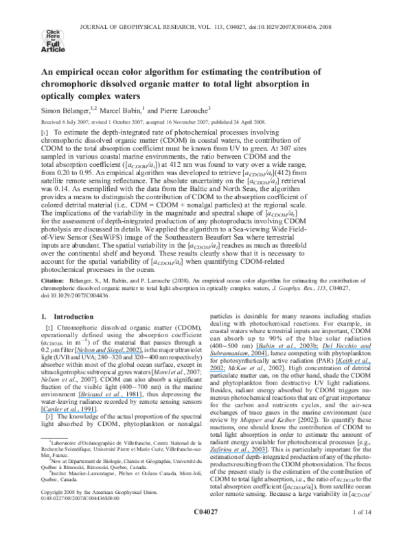 Pdf An Empirical Ocean Color Algorithm For Estimating The Contribution Of Chromophoric