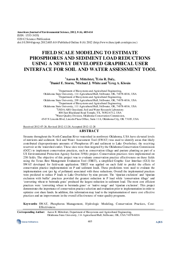(PDF) Field Scale Modeling to Estimate Phosphorus and Sediment Load Reductions Using a Newly ...