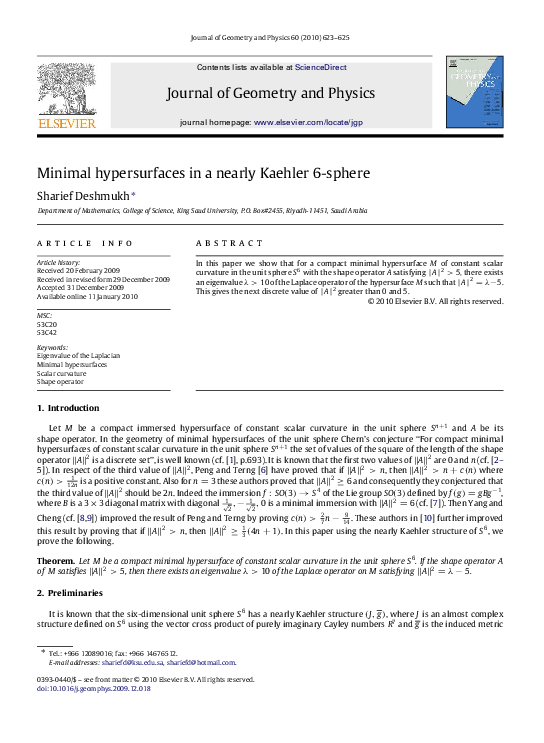Pdf Minimal Hypersurfaces In A Nearly Kaehler 6 Sphere