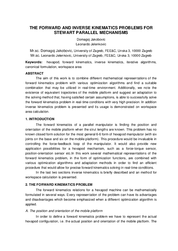 (PDF) THE FORWARD AND INVERSE KINEMATICS PROBLEMS FOR STEWART PARALLEL MECHANISMS