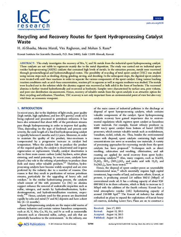 (PDF) Recycling and Recovery Routes for Spent Hydroprocessing Catalyst ...