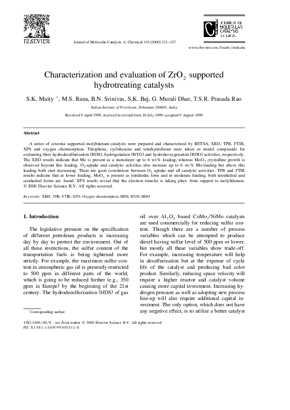 (PDF) Characterization and evaluation of ZrO2 supported hydrotreating ...